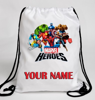 Personalised MARVEL HEROES Boys Girls Drawstring Bag School PE Kit ...