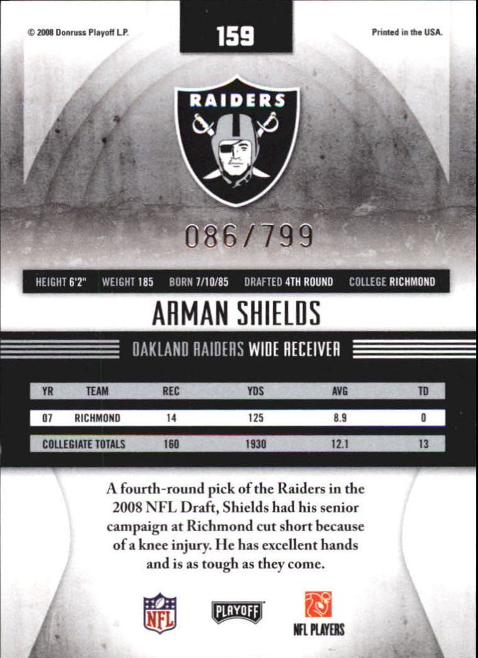 2008 Absolute Memorabilia Retail Football Card #159 Arman Shields ...