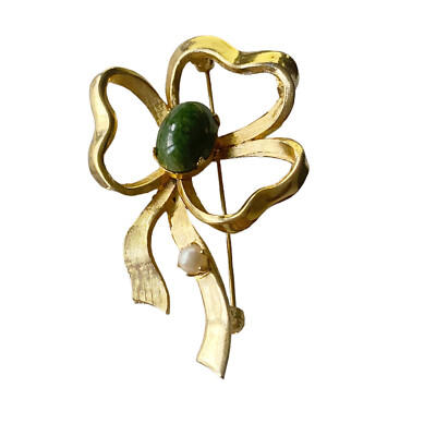 Brooks Flower Brooch Pin Gold Tone Faux Pearl Green Stone Vintage | eBay