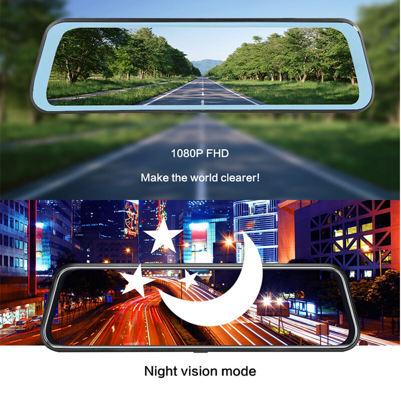 10" Touch Screen 1080P Dual Lens Car Mirror Dash Cam DVR Rear View ...