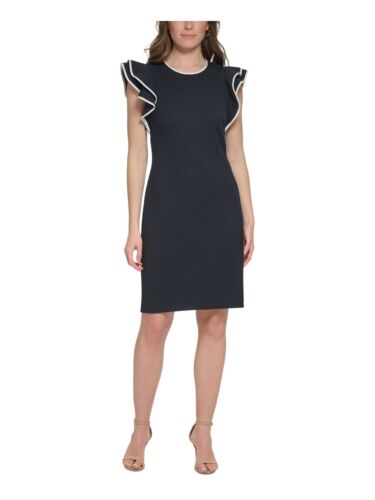 Tommy Hilfiger Womens Navy Zippered Flutter Sleeve Round Neck Above The