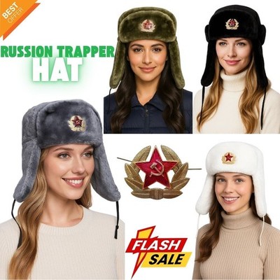 Unisex Russian Trapper Hat Winter Soviet Badge Ushanka Faux Fur Ear ...