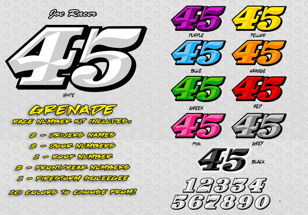 Race Car Numbers Grenade Vinyl Decals Kit Package | eBay