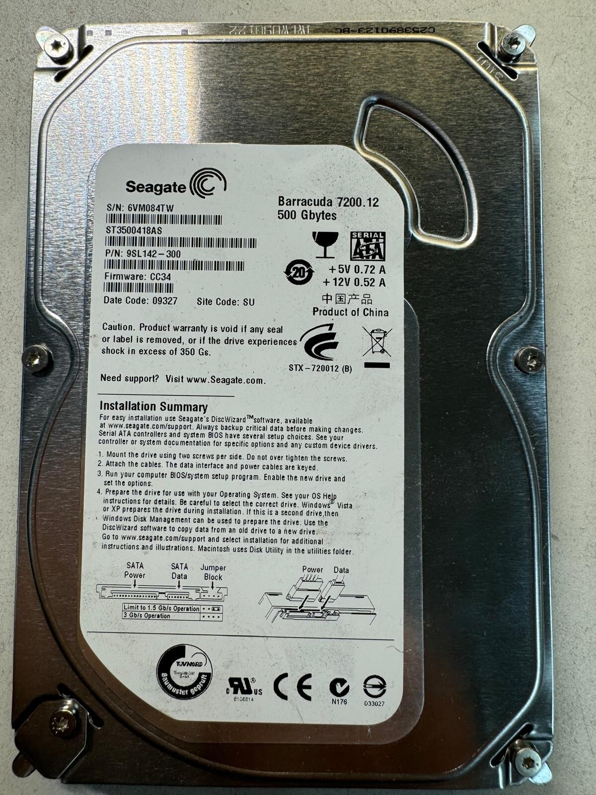 SEAGATE ST3500418AS 9SL142-300 500GB Firmware CC34 Code 09327 SATA 3.5 ...