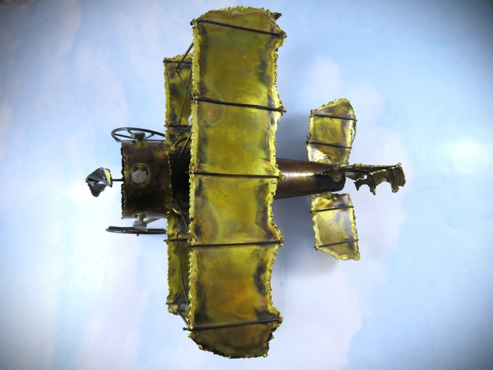 Handcrafted Brass Metal Biplane Sculpture Brutalist Art Soldered Burnt ...