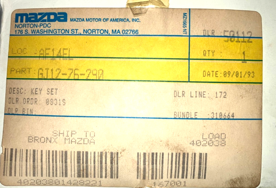 Genuine Mazda GJ12-76-290 1986-87 626 Key Set Ignition Lock Cyl ...