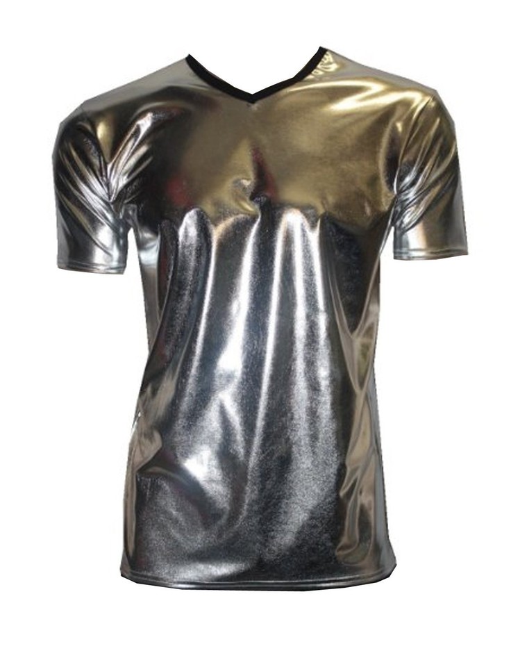 MENS METALLIC SHINY PVC SILVER BLACK BLUE GREASE WETLOOK T-SHIRTS TOPS ...