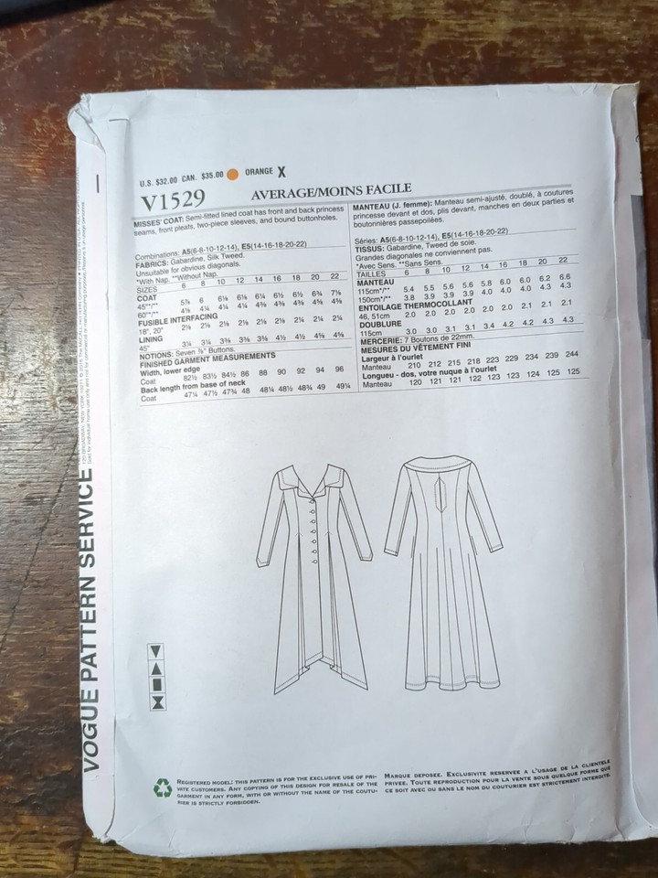 Vogue V1529 Patricia Jeanne Keay Coat Size 6 8 10 12 14 Uncut Sewing ...