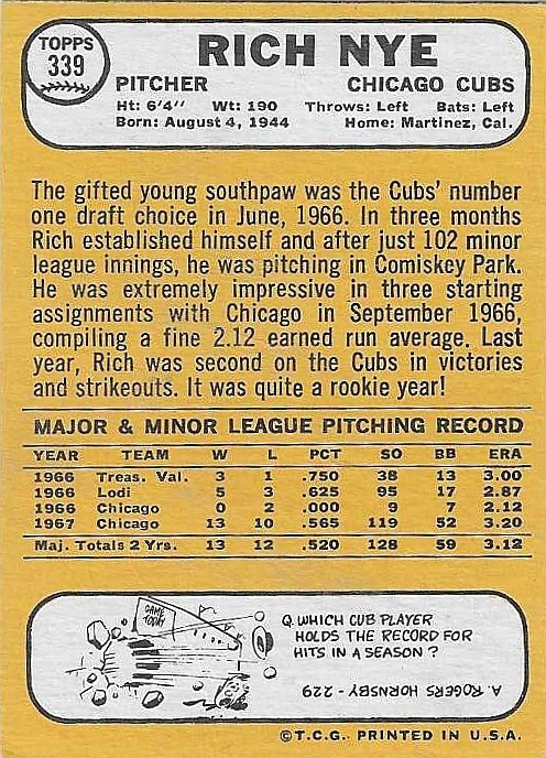 Rich Nye Gradable Topps 1968 (4953) | eBay