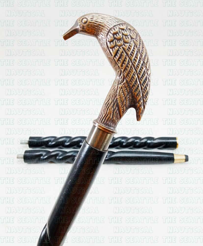 Brass Antique Finish Bird Raven Head Handle Wooden Wa… - Gem