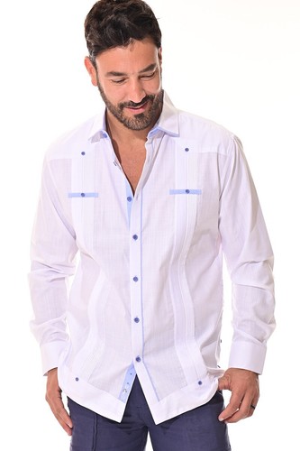 Bohio Mens Fancy Cotton White/Blue Guayabera Style Shirt Button Up ...