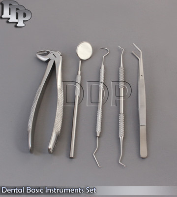 5 Dental Basic Instruments Set Mirror, Plier, Explorer, Extracting ...