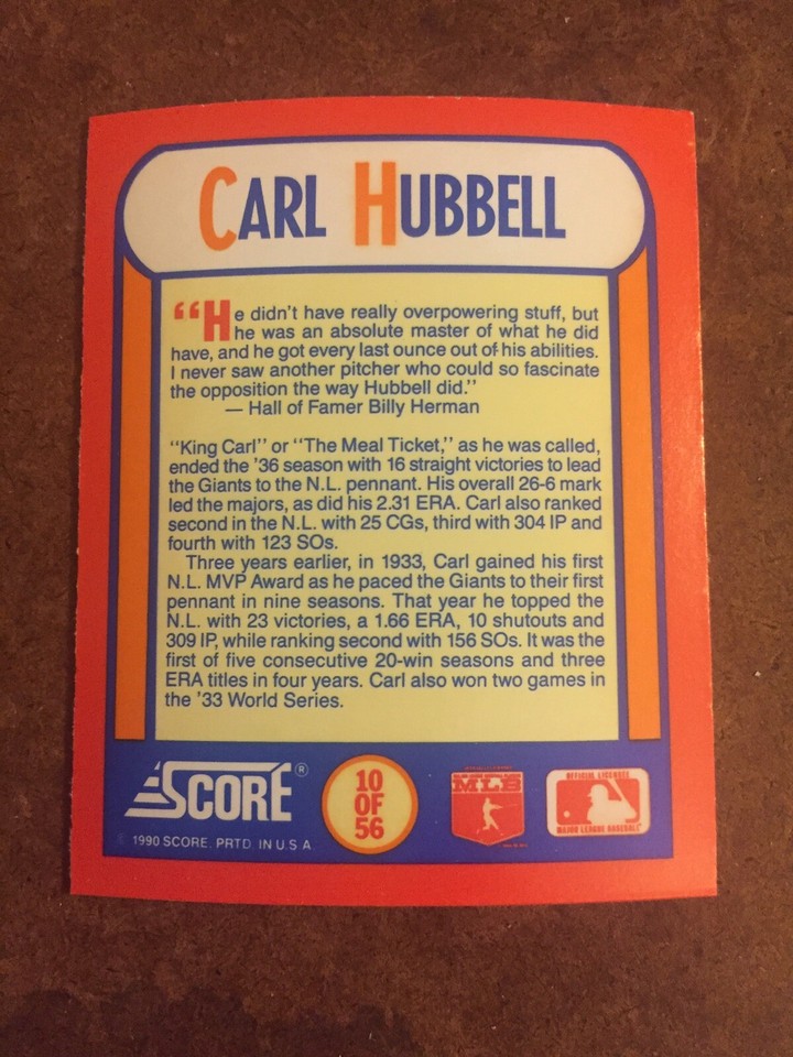 Carl Hubbell 10 Of 56 Magic Motion Score 1990 MLB Baseball Trading Card ...
