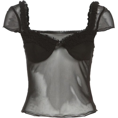 Lady Splicing Mesh Sheer Tops Sexy T-shirt Blouse Ruffle Short Sleeve ...