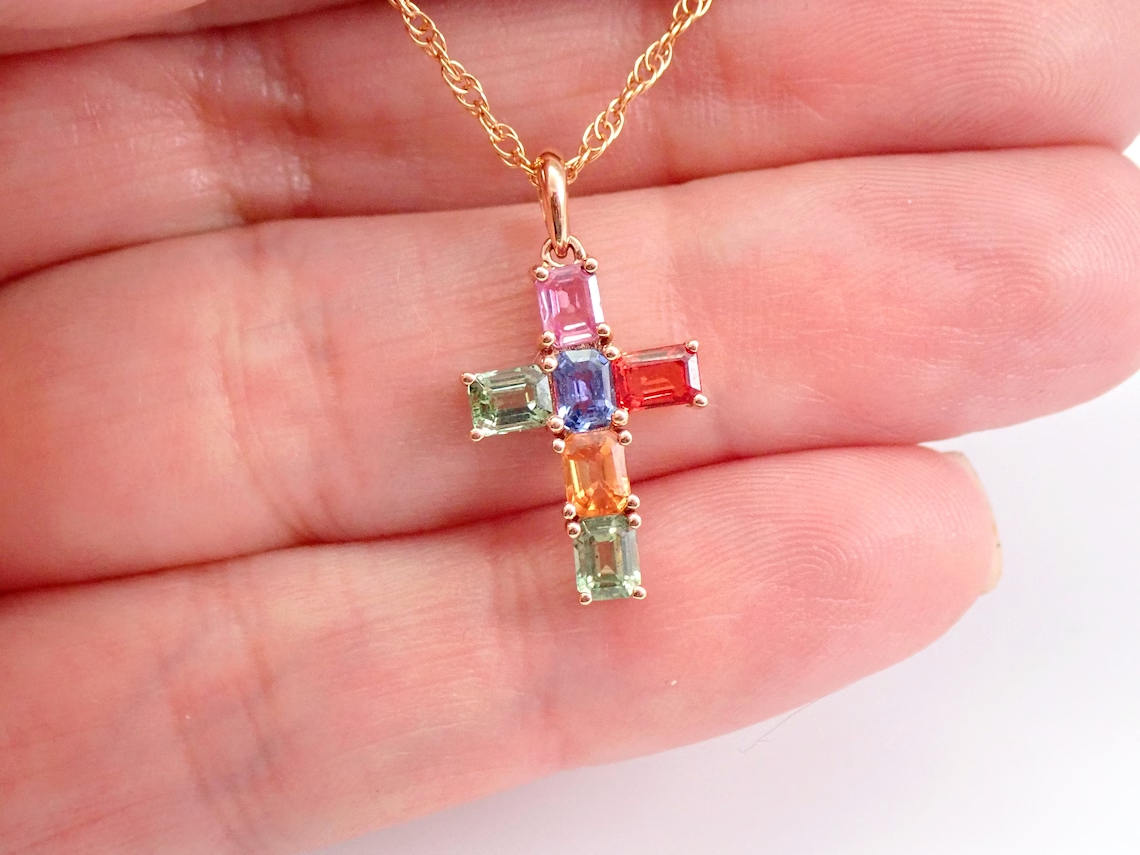 1.50Ct Emerald Cut Lab Created Multi Color Cross Pendant 14K Rose Gold ...