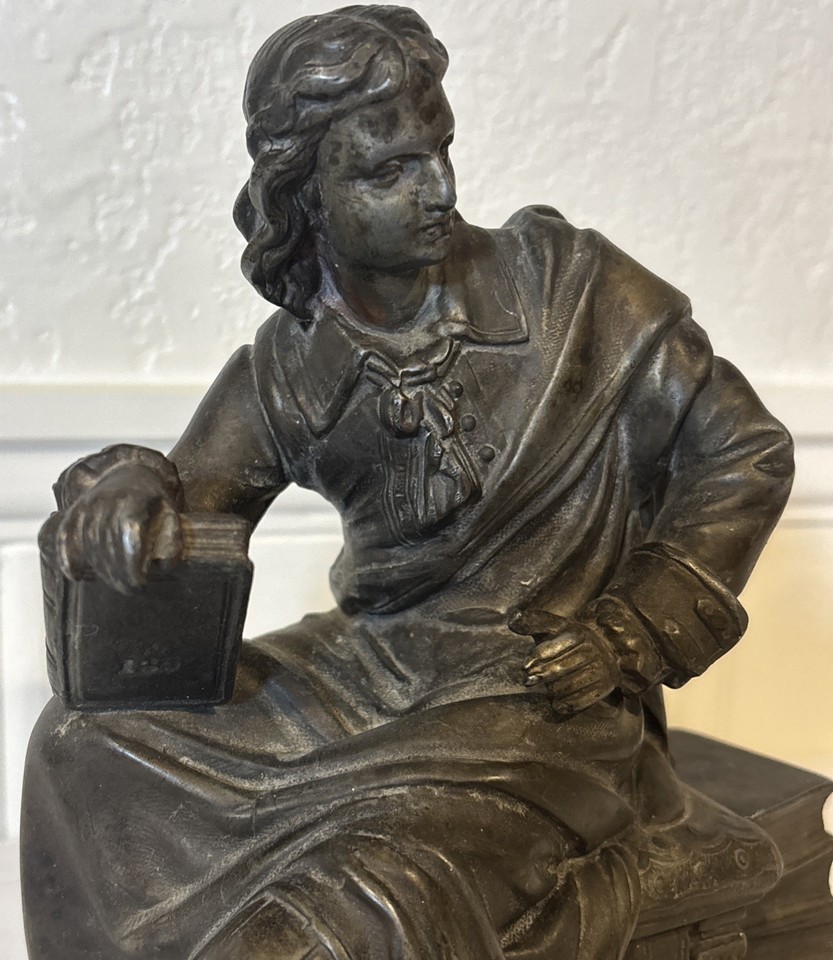 Spelter Figural Scholar Antique Lamp Base Reading Book Side-Arm Style ...