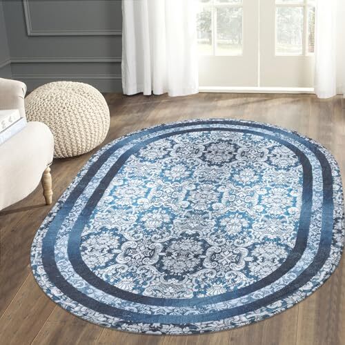 Boho Rug Oval Washable Bedroom Rug Non-Slip Large Soft 4'x6' Blue ...