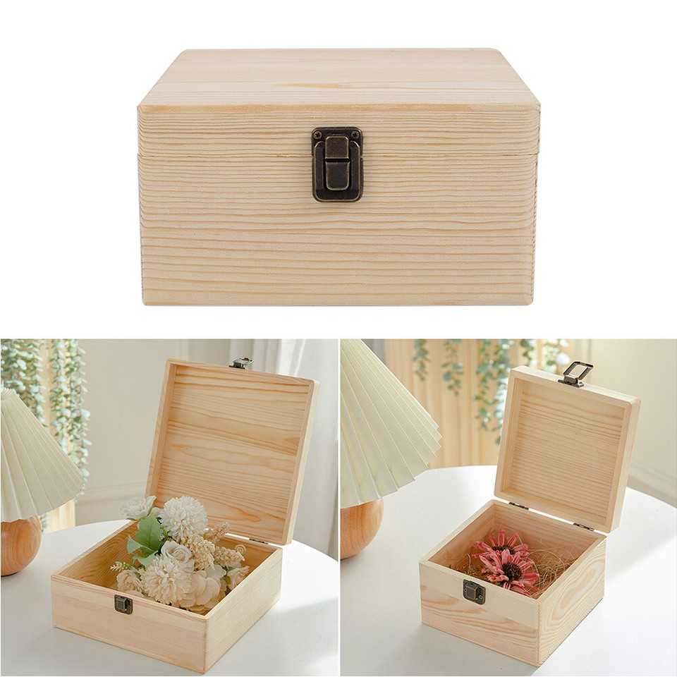 NEW Natural Finish Wooden Storage Box DIY Crate With Hinged Lid ...