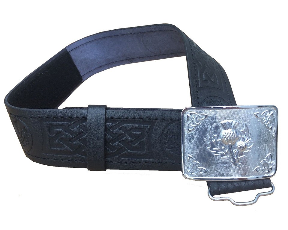 Leather Thistle Design Kilt Belt Black Scottish Chrome Finish Celtic ...