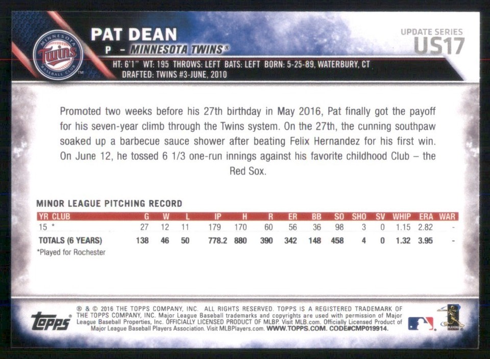 2016 Topps Update #US17 Pat Dean Minnesota Twins Baseball Card 187193 ...