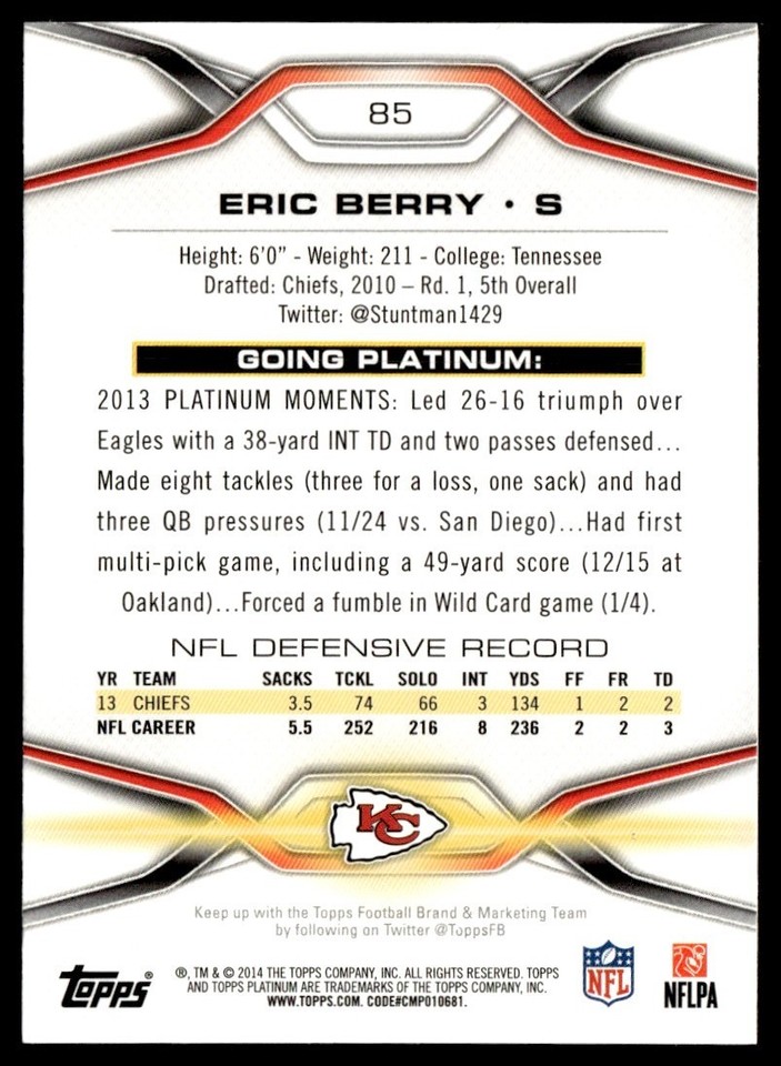 2014 Topps Platinum Eric Berry Kansas City Chiefs #85 | eBay