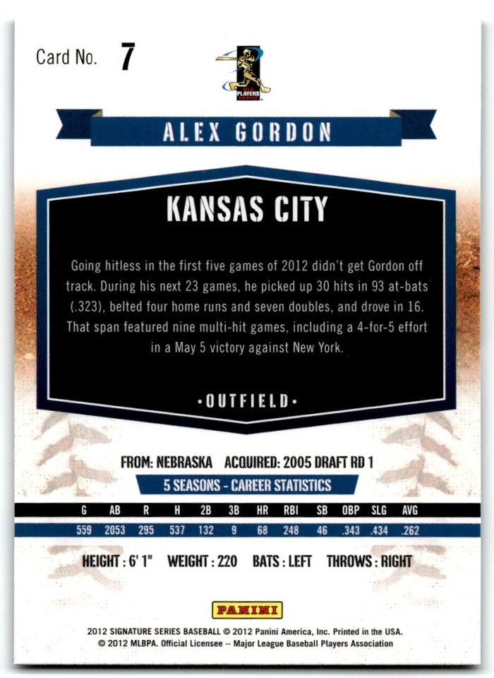 2012 Panini Signature Series Alex Gordon Kansas City Royals #7 | eBay