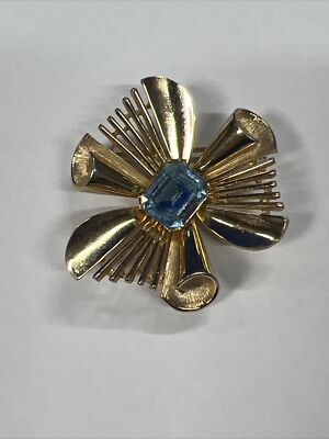 Vintage Crown Trifari Topaz Glass Brooch Pin Gold Tone Starburst Atomic ...