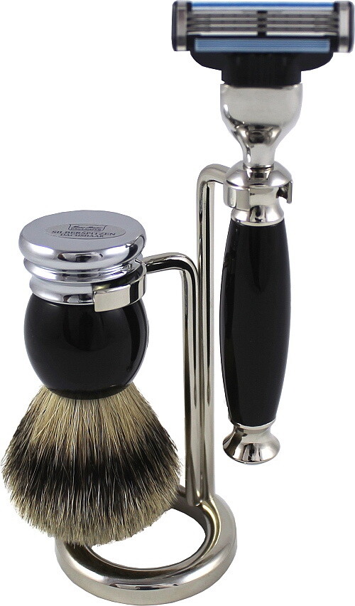 Brass & Acrylic Compact Shaving Set HANS BAIER Brush Badger Silvertip ...