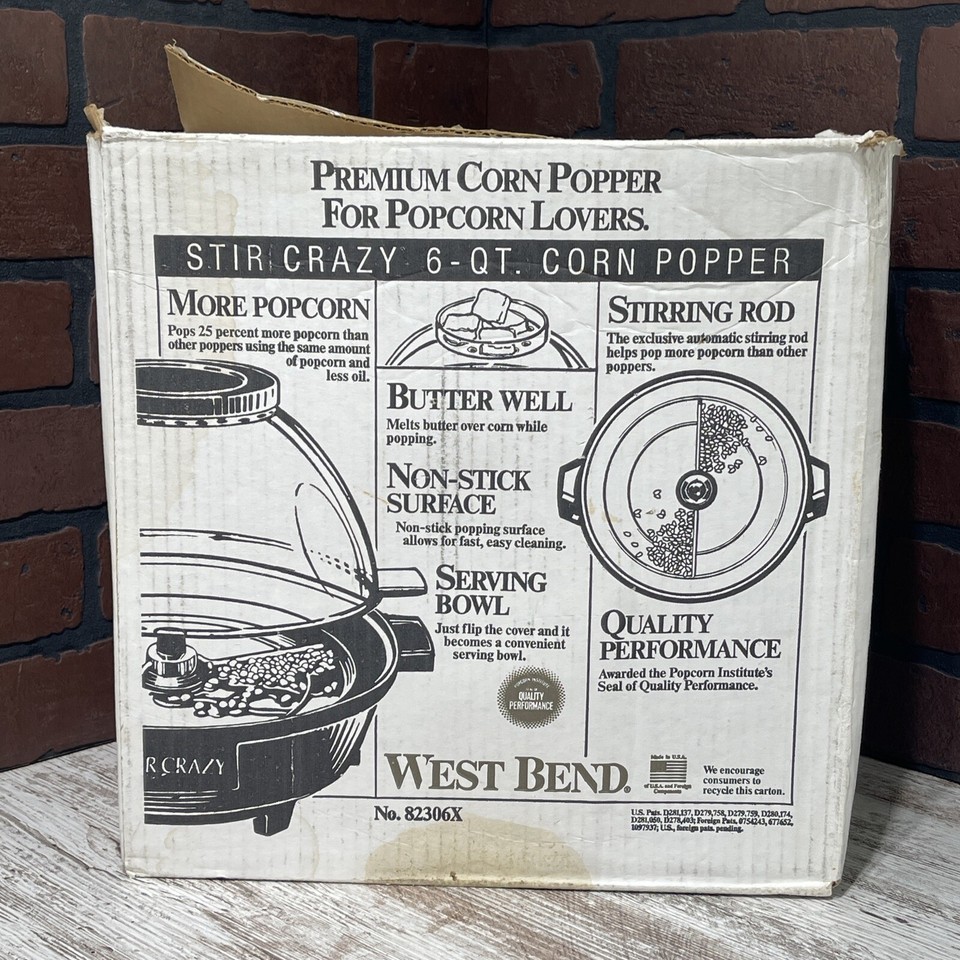 West Bend Electric Popcorn Popper Stir Crazy 6 Quart Model 82306 In Box ...