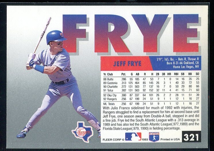 1993 Fleer Baseball Jeff Frye #321 Texas Rangers | eBay