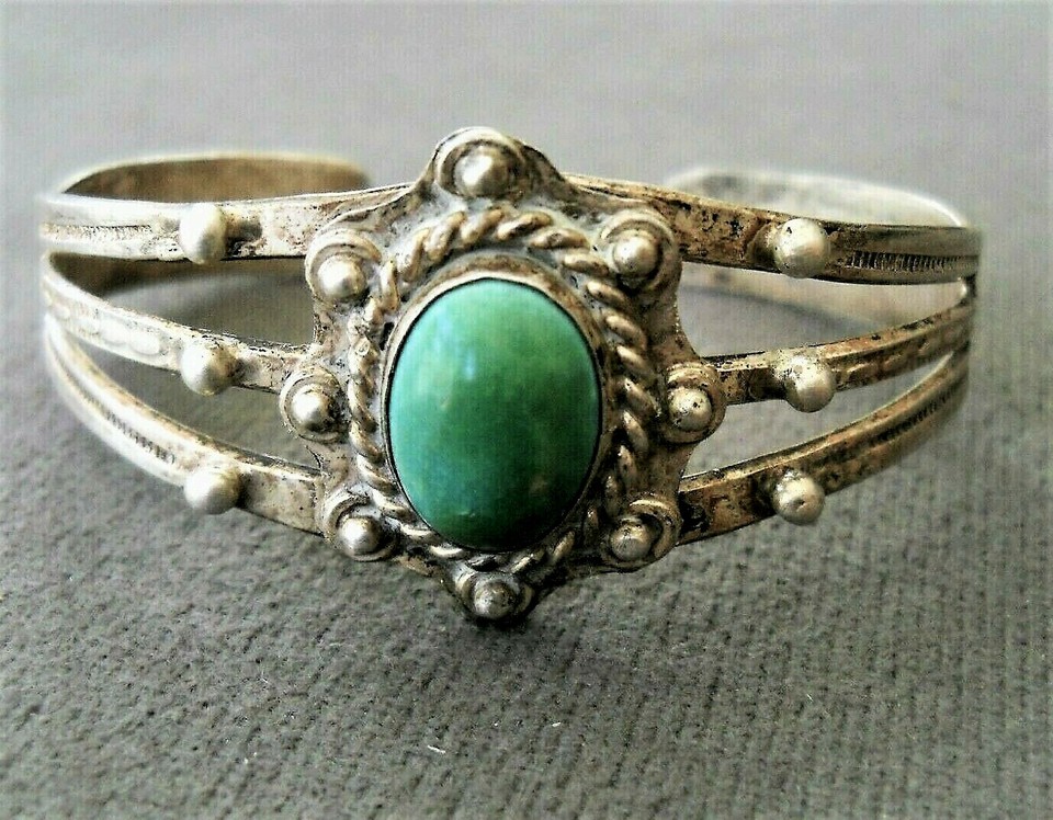 Harvey Era Native American Green Turquoise Sterling Silver Stamps Cuff ...