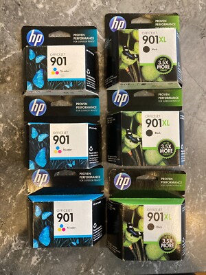 (3) Genuine HP 901XL Black and (3) HP 901 Color Ink Cartridges | eBay