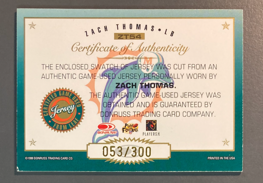 Zach Thomas 1999 Donruss Gridiron Gear Certified Patch 053/300 | eBay