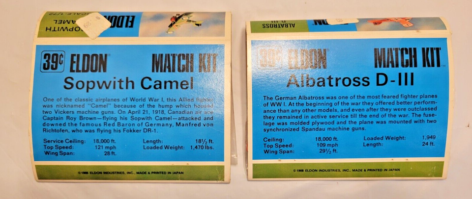 Pair of Vintage 1968 Eldon Match Kits, Albatross D-111 and Sopwith Camel | eBay