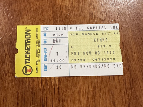 KINKS Authentic Ticket Stub Capital Theatre Passaic, NJ Ticketron 11/3 ...