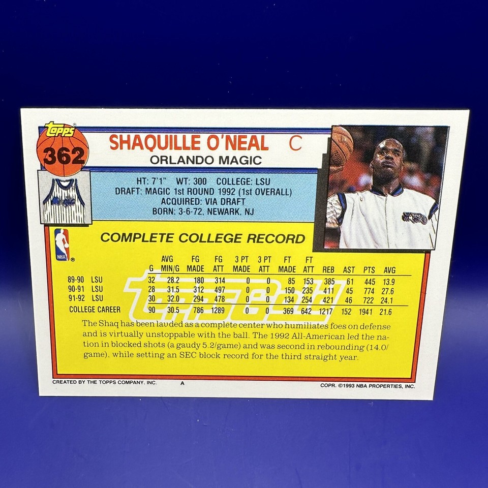1992-93 Topps - #362 Shaquille O'Neal (RC) - Orlando Magic - ‘92 Draft ...
