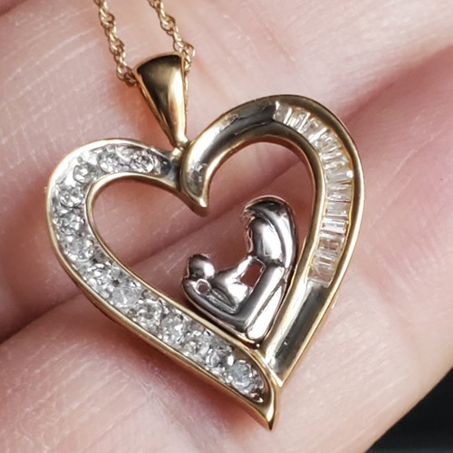 10K YELLOW/WHITE GOLD MOTHER & CHILD ROUND/BAGUETTE DIAMOND HEART ...