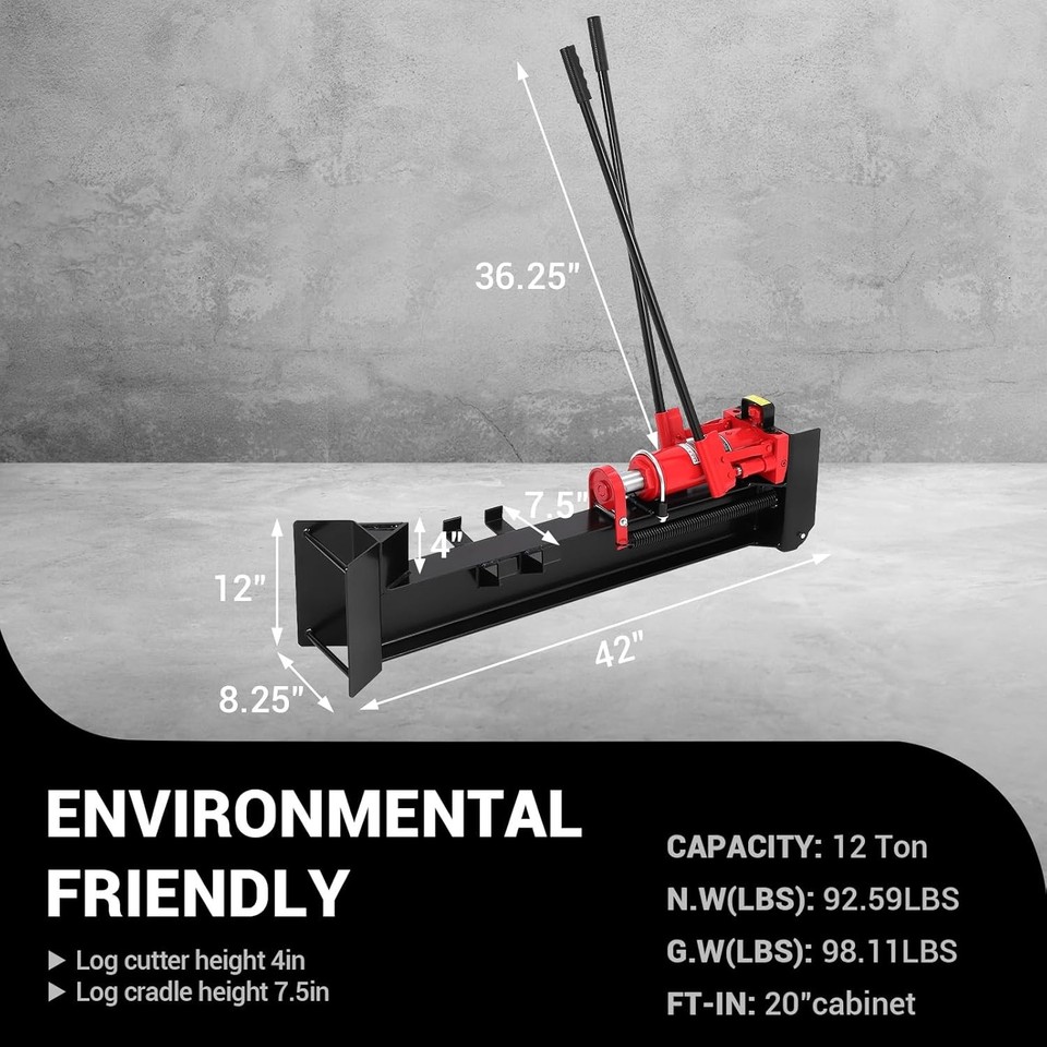 12 Ton Manual Hydraulic Log Splitter Wood Cutter with Horizontal Beam ...