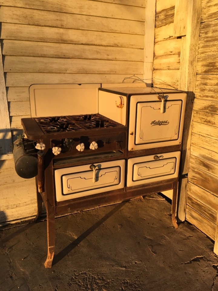 Auto Gas Antique Stove Vintage Brown and Cream Enamel Iron and Metal ...