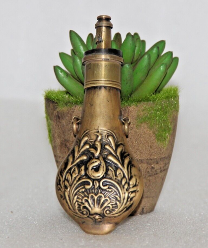 Vintage Victorian Look Unique Shape Brass Engraved Gun Powder Bottle ...