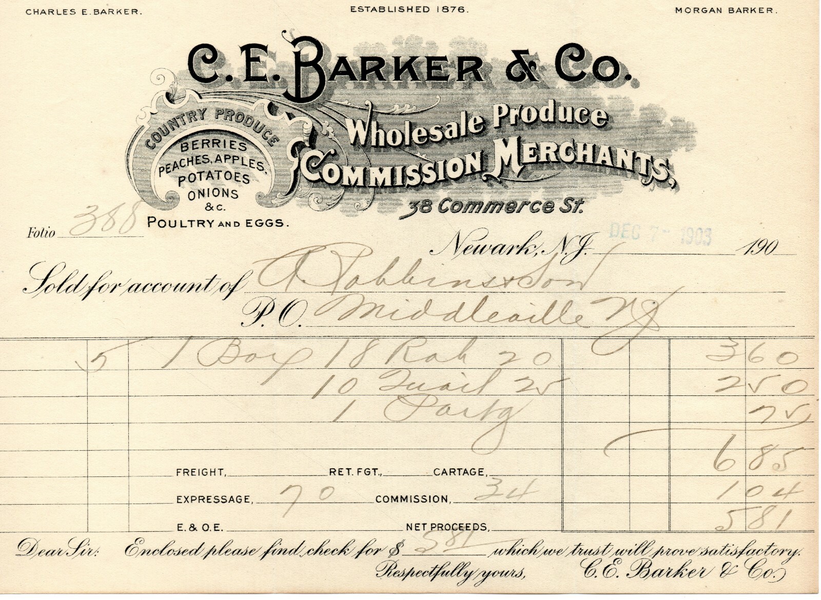 Dec.7 1903 C.E. Barker Wholesale Produce Merchants original paper ...