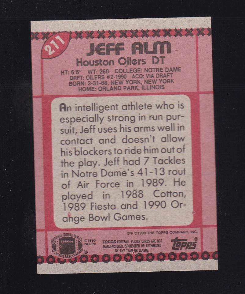 1990 Topps Jeff Alm Rookie #211 Houston Oilers | eBay