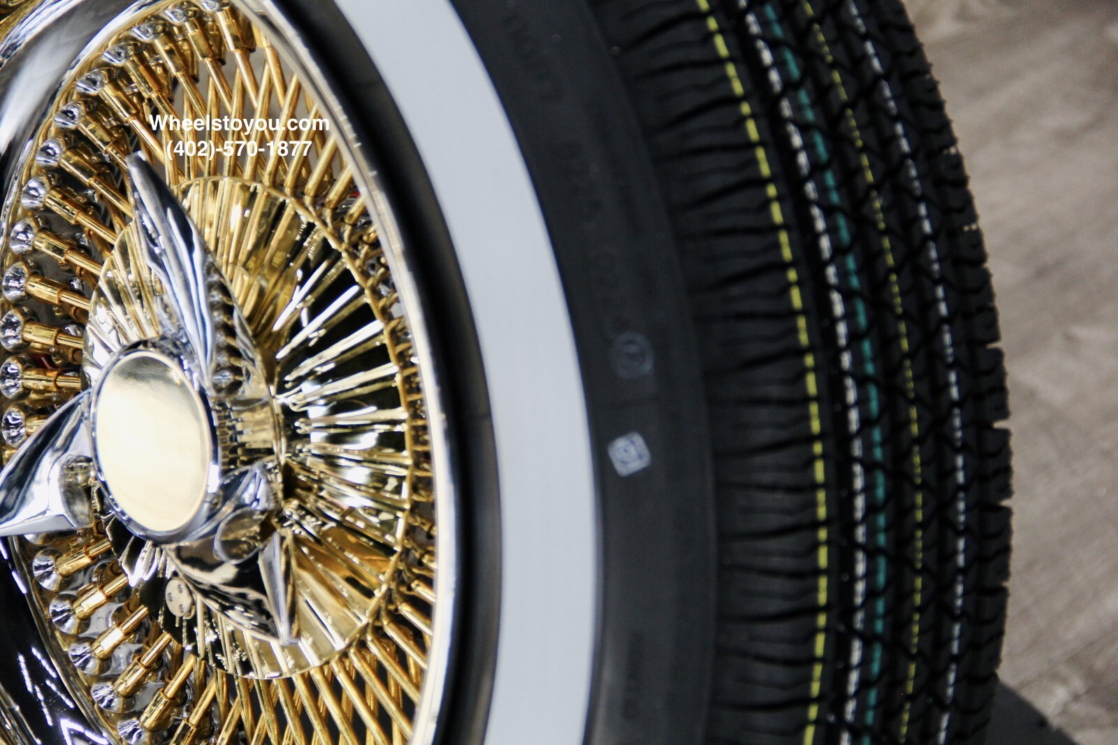 New Set (4) 15x7" GOLD & CHROME 100 SPOKE WIRE WHEELS WIDE WHITEWALL ...