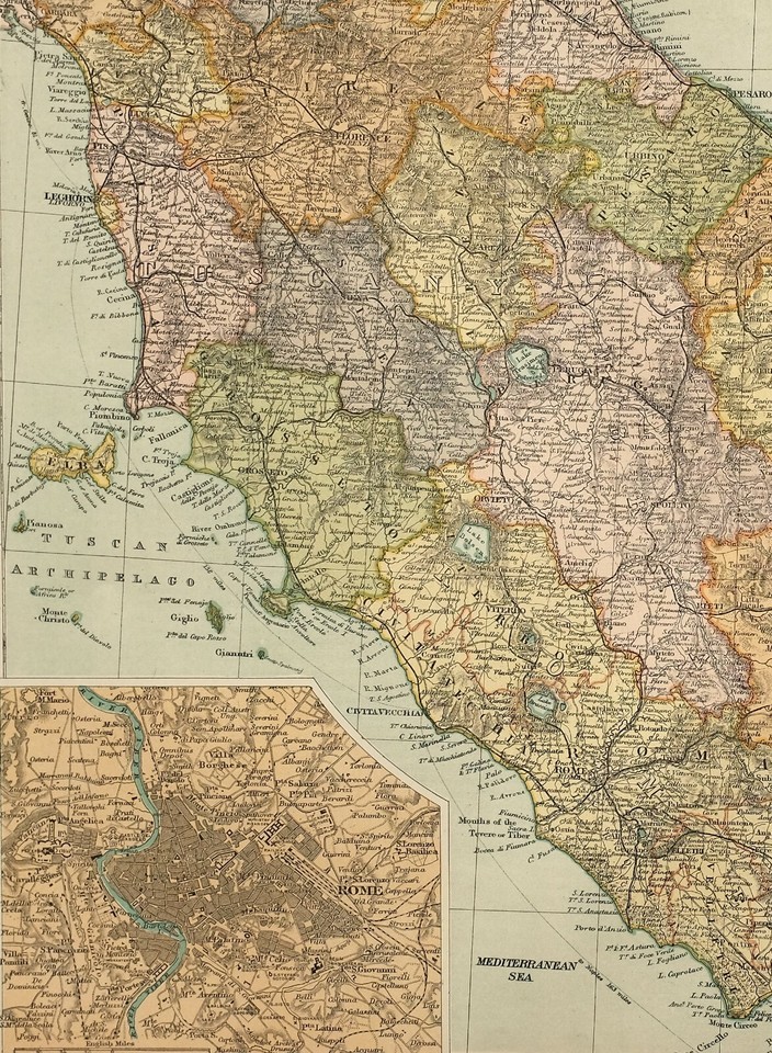 1908 MAP CENTRAL ITALY SARDINIA ROME ENVIRONS ROMA AQUILA FLORENCE ...