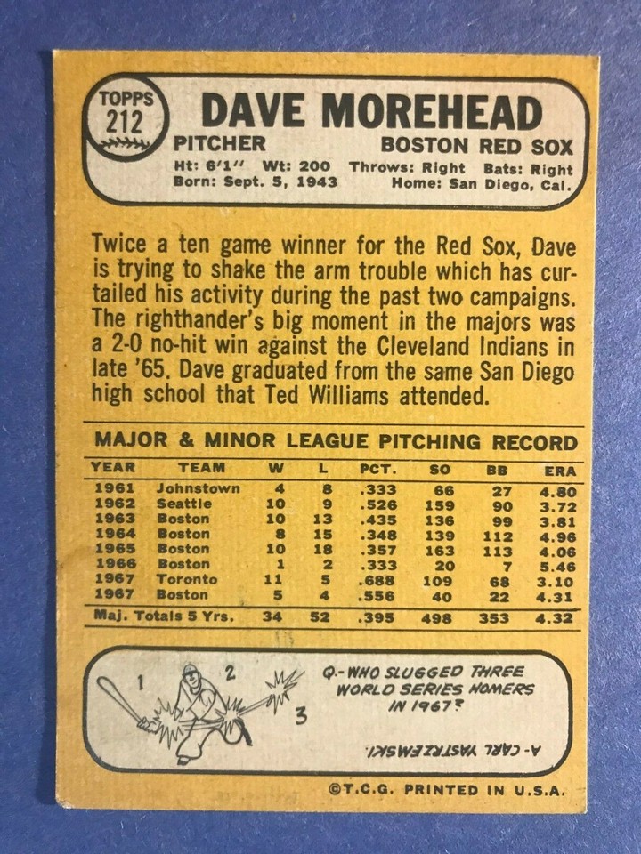 SIGNED DAVE MOREHEAD 1968 TOPPS BASEBALL CARD - RED SOX | eBay