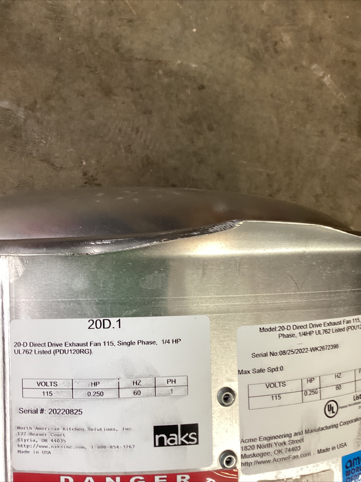 Acme Model 20-D Direct Drive Upblast Exhaust Fan 115v Single Ph.1/4HP ...