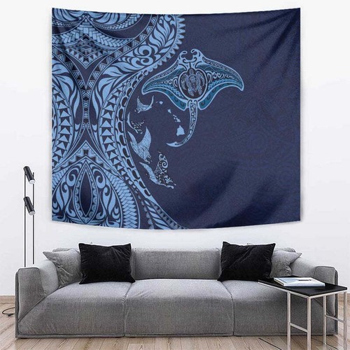 Hawaiian Manta Ray and Polynesian Tribal Tattoo Tapestry Dark Navy ...