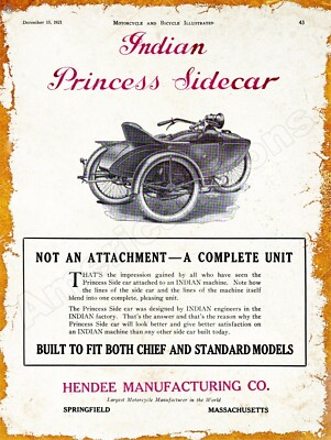 1921 Indian Motorcycles New Metal Sign: Princess Sidecar Pictured for ...