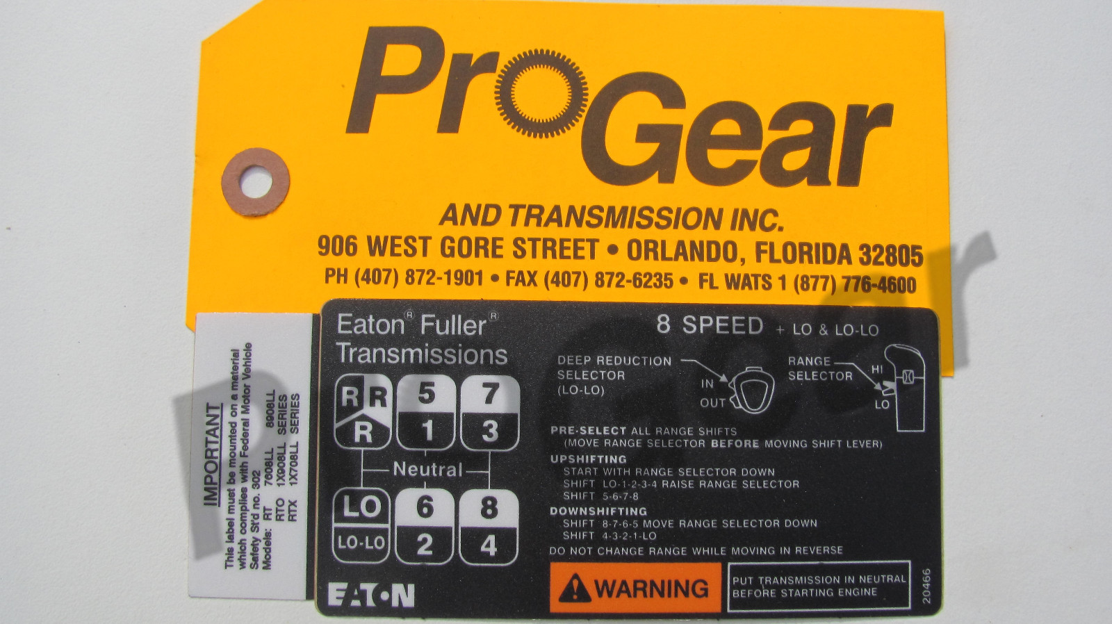 RT RTO RTX 8LL speed standard "H" shift pattern 20466 Eaton Fuller ...