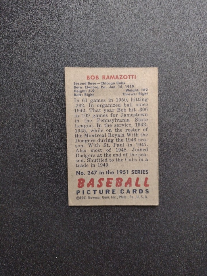 1951 Bowman 247 Bob Ramazzotti Rookie Chicago Cubs CENTERED NO CREASES ...